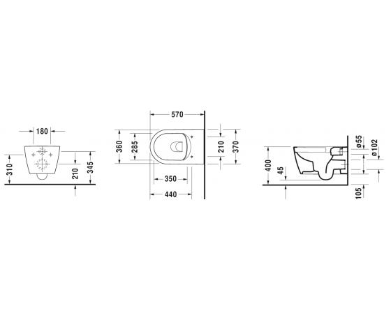 Duravit Wand-WC 570mm ME by Starck Weiß Tiefspüler, Durafix, rimless ...